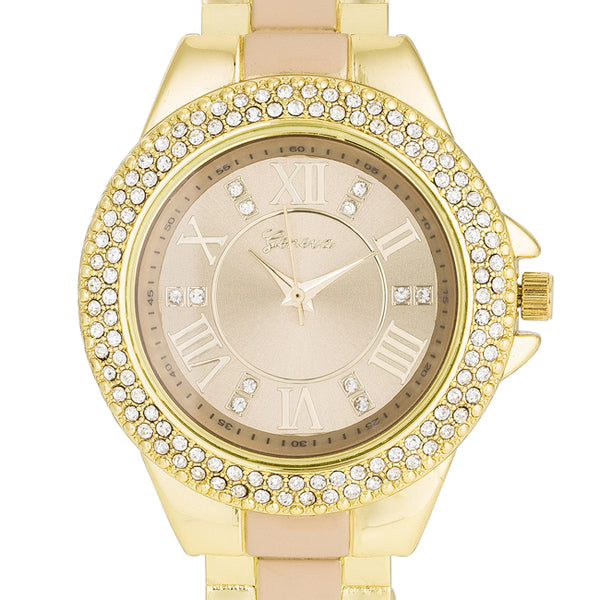 Gold Metal Cuff Watch With Crystals - Beige - J GOODIN